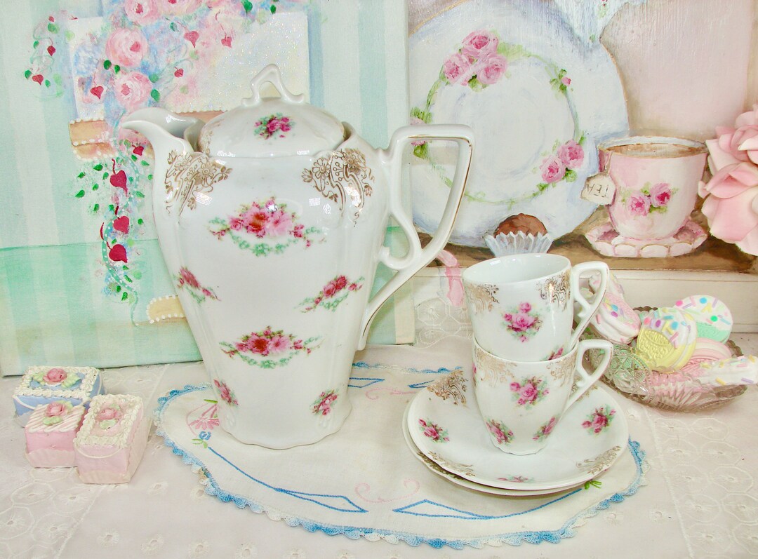 Antique Chocolate Pot Set With Two Cups and Saucers, Unmarked German or ...