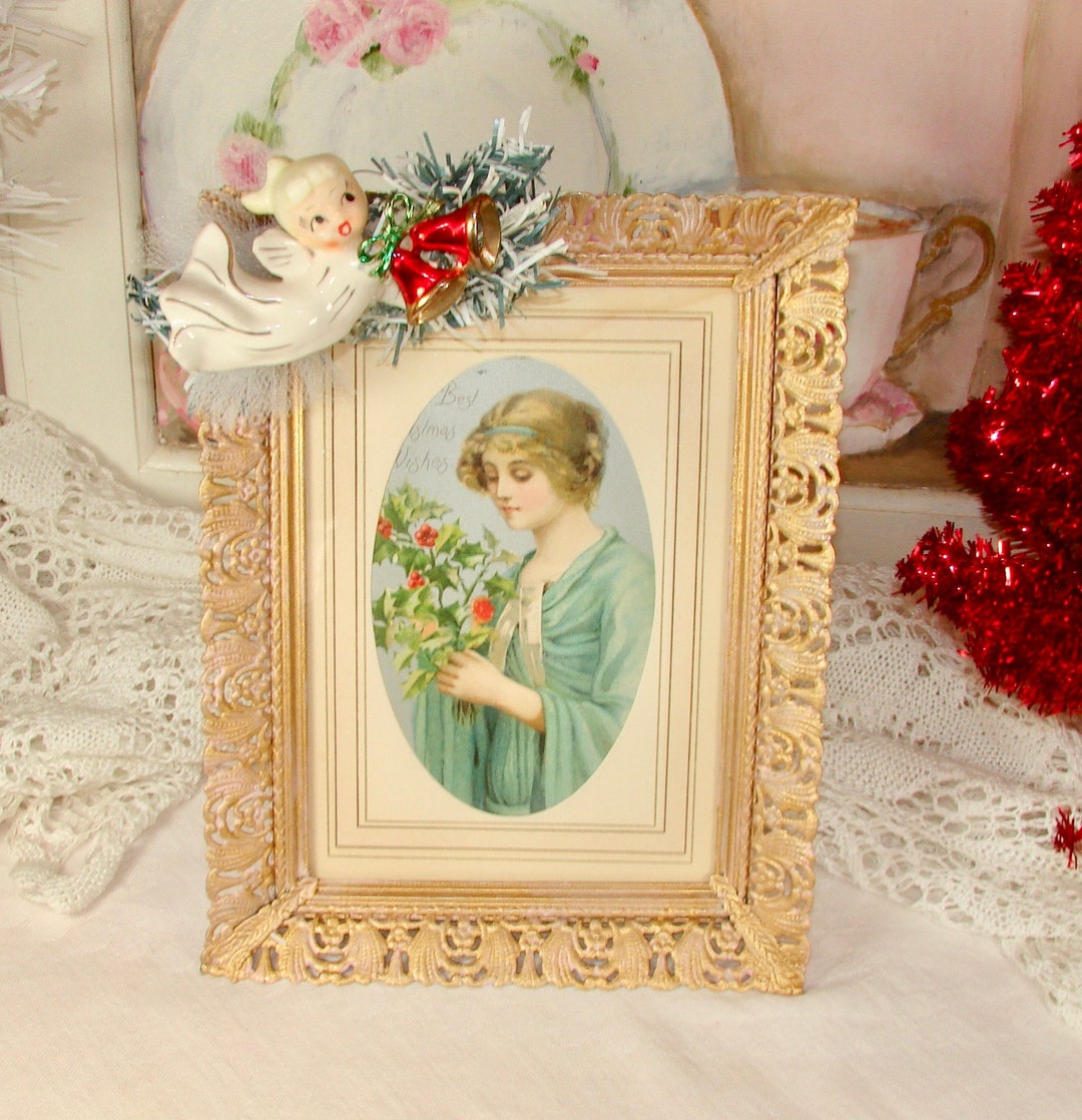 Vintage Lefton Angel on Gold Ormolu Frame With Early 1900s Christmas ...