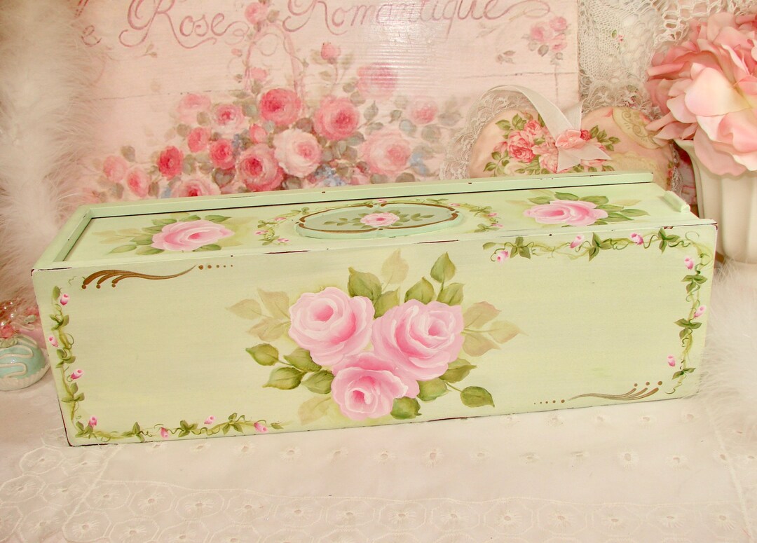 Hand-painted Shabby Chic Pink and Green Roses Lidded Storage, Treasure ...