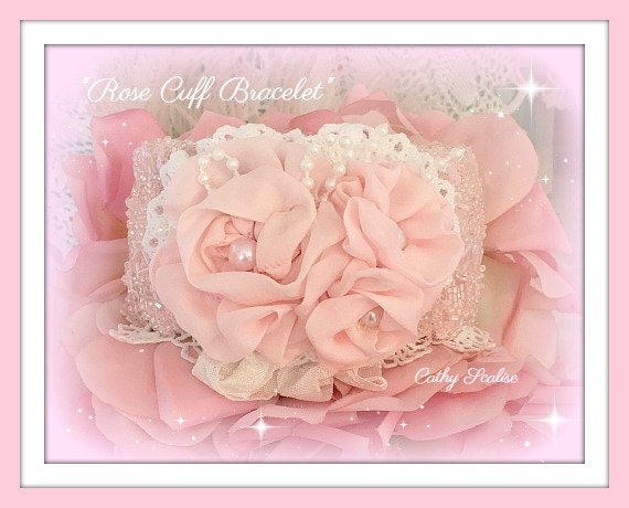 Vintage Beaded Silk Roses Lace Cuff Bracelet Elegant | Etsy