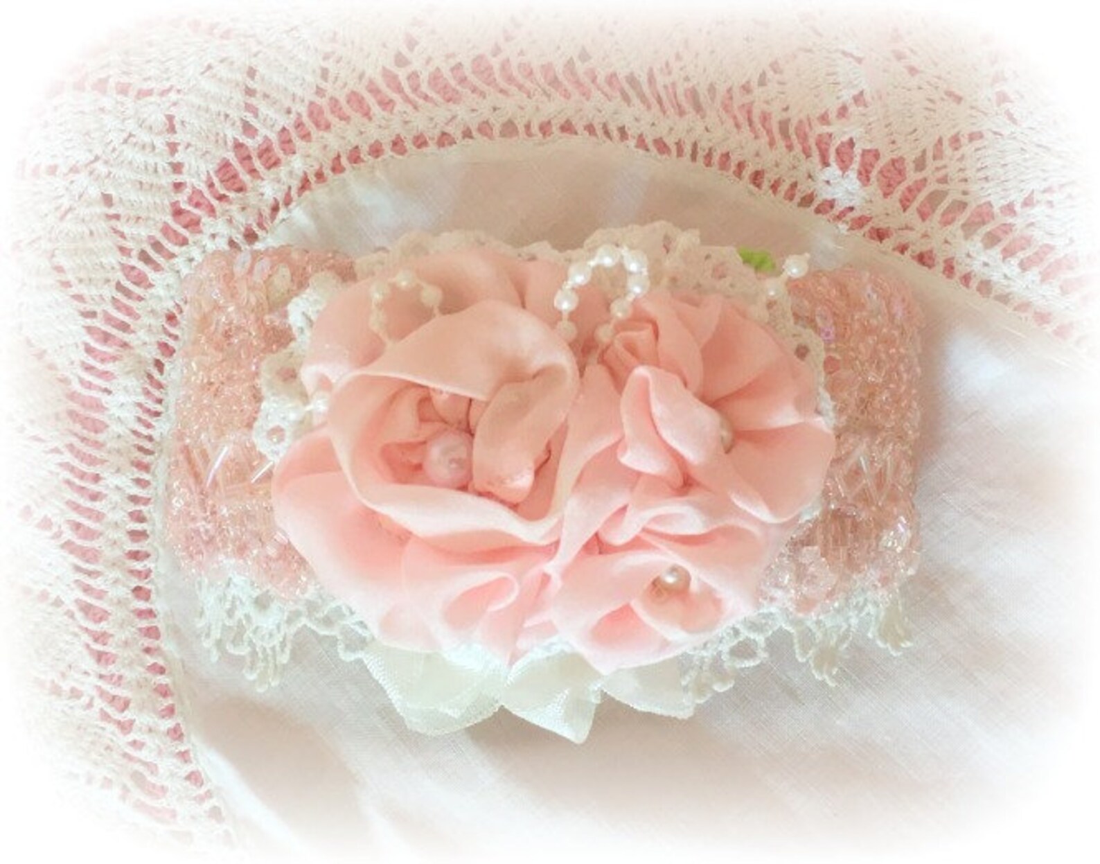 Vintage Beaded Silk Roses Lace Cuff Bracelet Elegant | Etsy