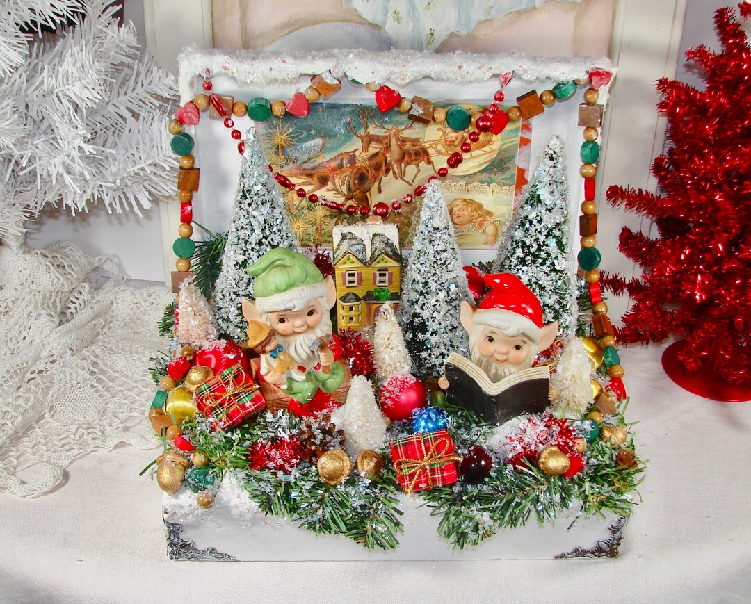 Elves in Santa's Workshop Christmas Holiday Centerpiece, Diorama ...