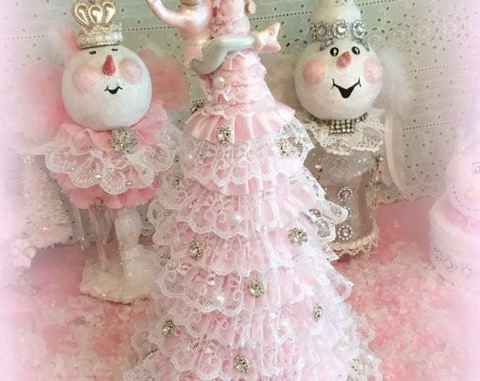 Pink Lace Christmas Tree With Vintage Elf Candle Hugger Rhinestone Tree ...