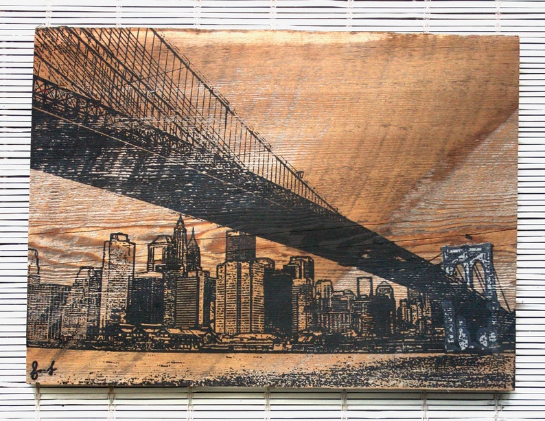 Brooklyn Bridge Wall Hanging on Reclaimed Barn Wood in Navy Blue - Etsy