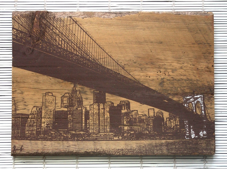 Brooklyn Bridge Wall Hanging on Reclaimed Barn Wood in Brown - Etsy