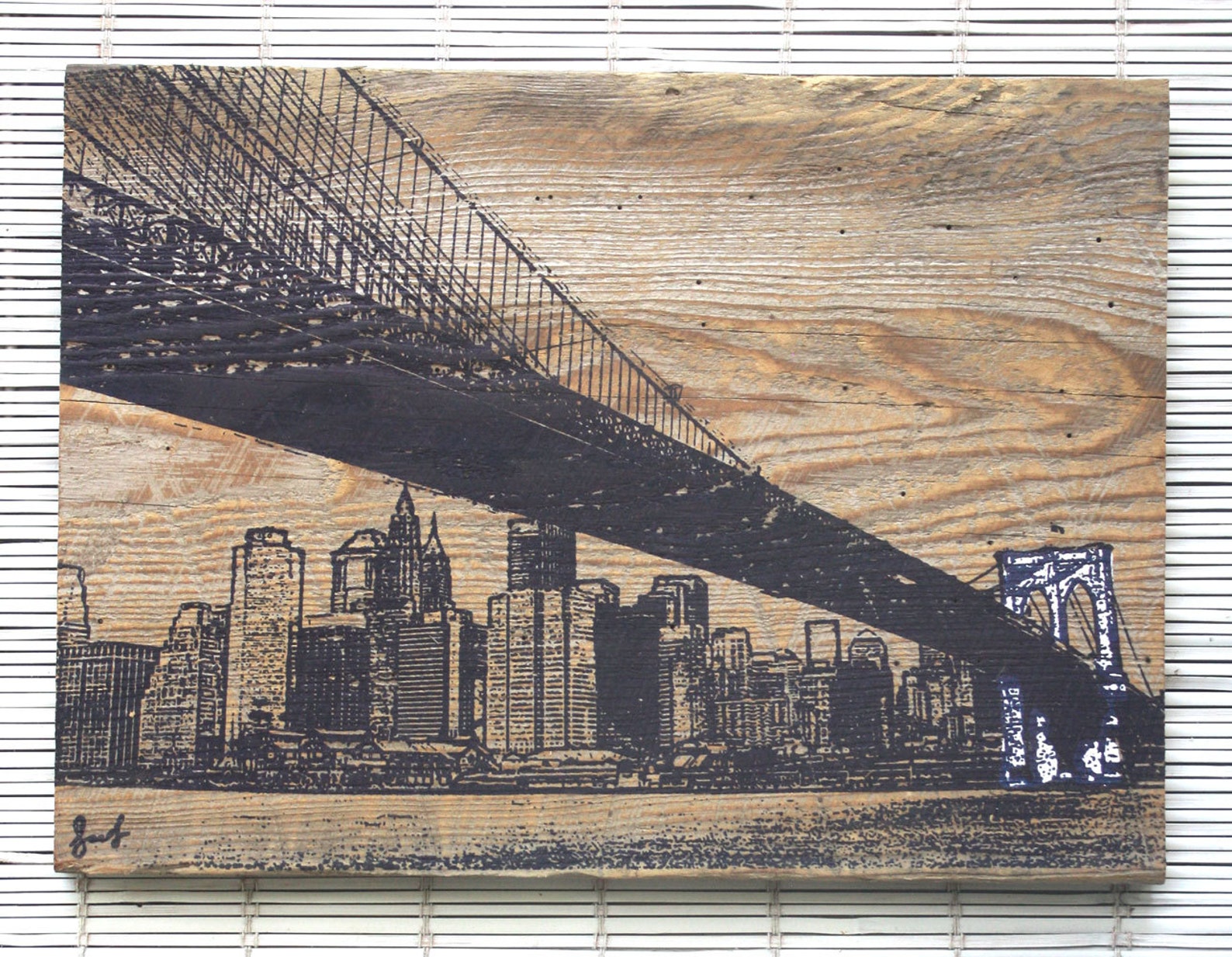 Brooklyn Bridge Wall Hanging on Reclaimed Barn Wood in Navy Blue - Etsy