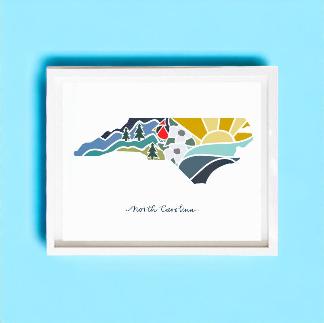 North Carolina State Print, Illustrated State of North Carolina Artwork ...