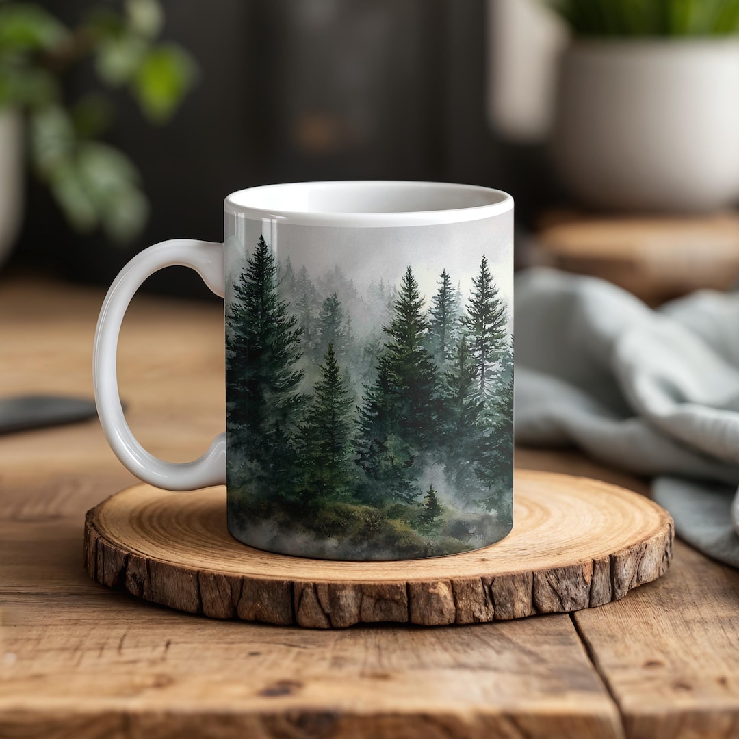 Fogbound Pines Mug, Misty Forest Coffee Cup, Moody Green Landscape Wrap ...