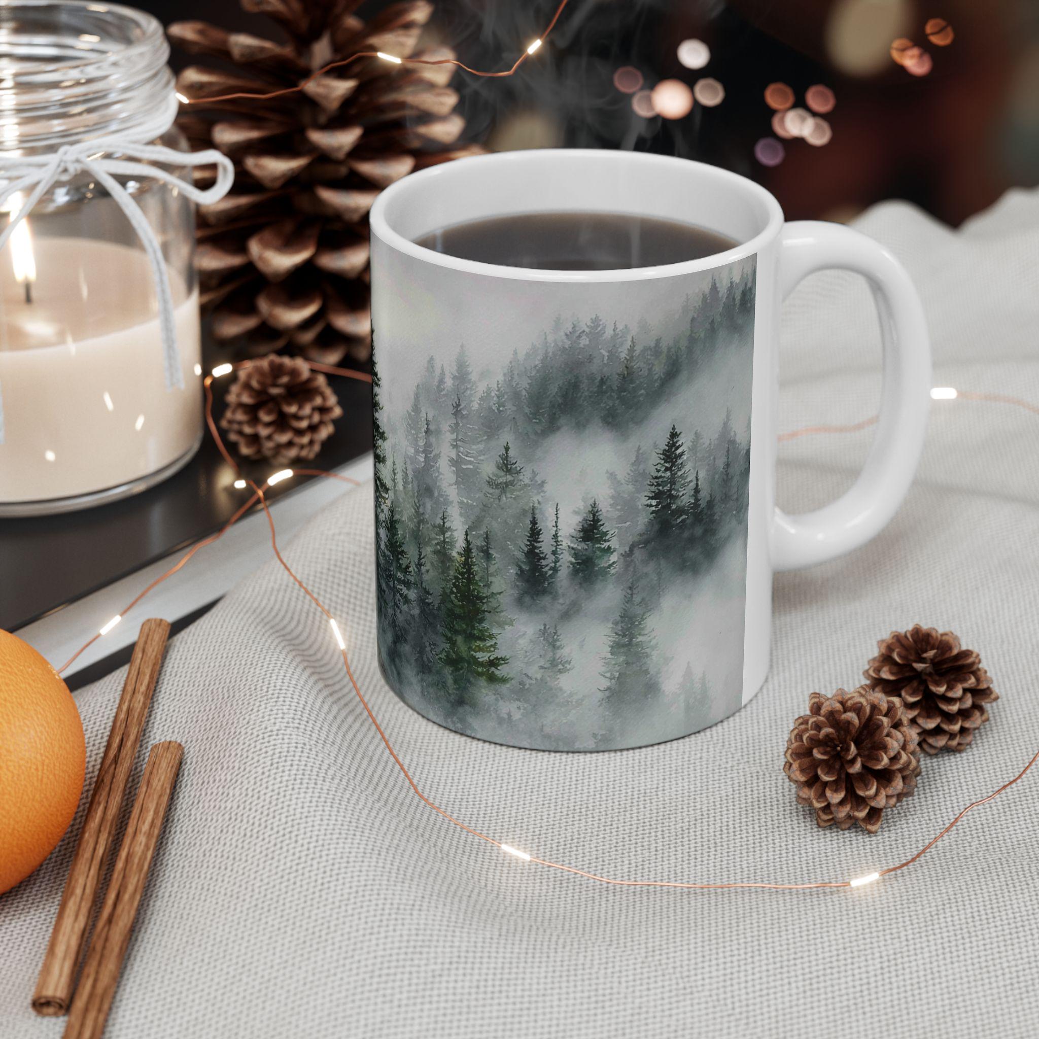 Fogbound Pines Mug, Misty Forest Coffee Cup, Moody Green Landscape Wrap ...