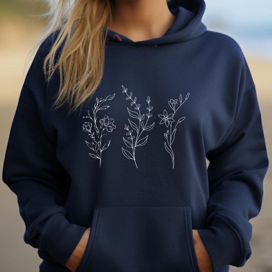 Floral Hoodie: Minimal Botanical Sweatshirt With Wildflower Line Art ...