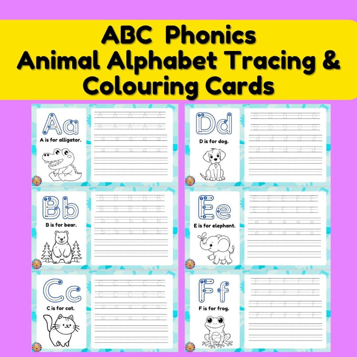 ABC Phonics Animal Alphabet Tracing & Colouring Cards, Letter Tracing ...