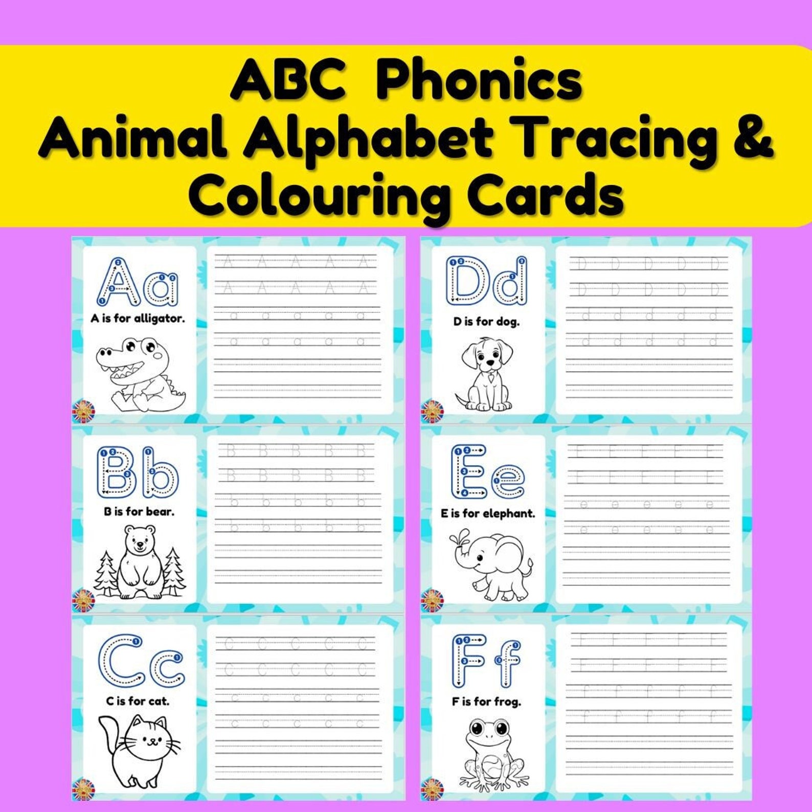 ABC Phonics Animal Alphabet Tracing & Colouring Cards, Letter Tracing ...