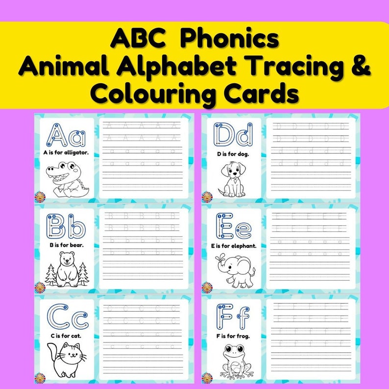 ABC Phonics Animal Alphabet Tracing & Colouring Cards, Letter Tracing ...
