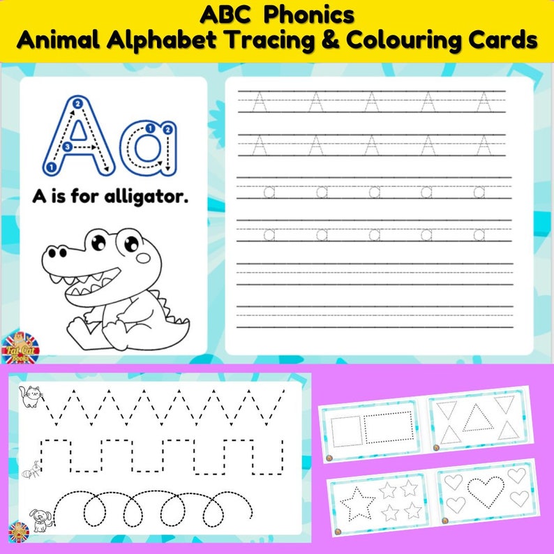 ABC Phonics Animal Alphabet Tracing & Colouring Cards, Letter Tracing ...