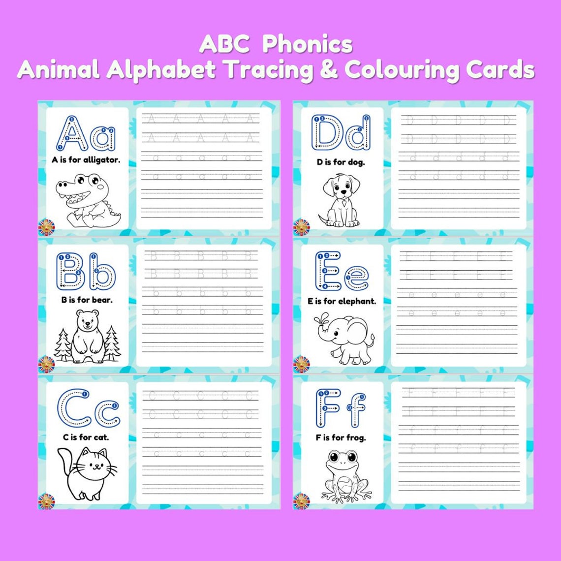 ABC Phonics Animal Alphabet Tracing & Colouring Cards, Letter Tracing ...