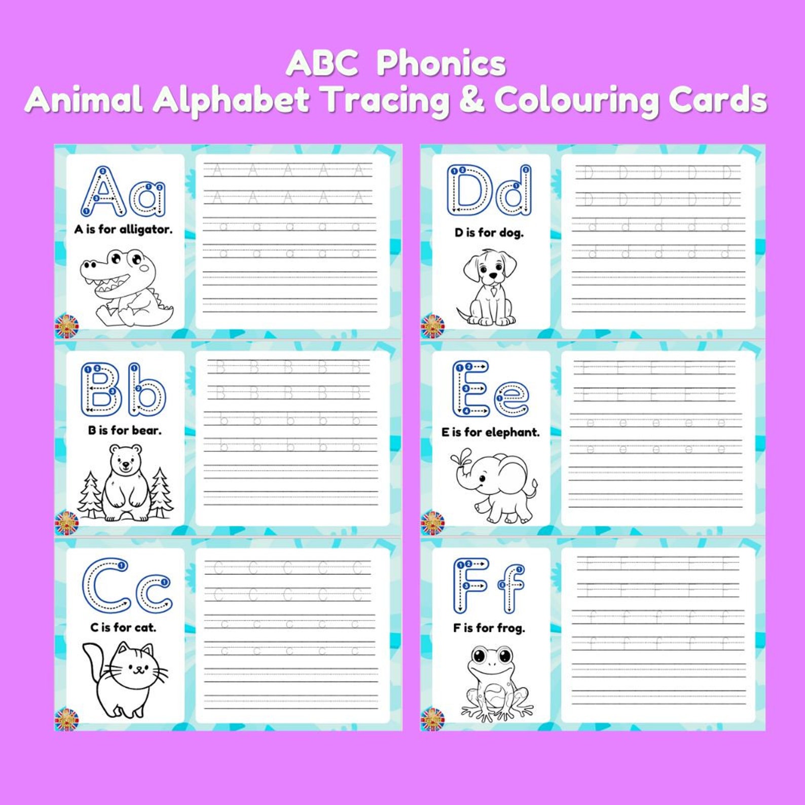 ABC Phonics Animal Alphabet Tracing & Colouring Cards, Letter Tracing ...