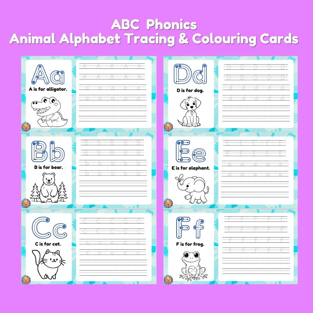 ABC Phonics Animal Alphabet Tracing & Colouring Cards, Letter Tracing ...