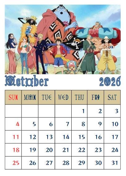 2026 Pirate Adventure Anime Calendar Printable | A4 Monthly Wall ...