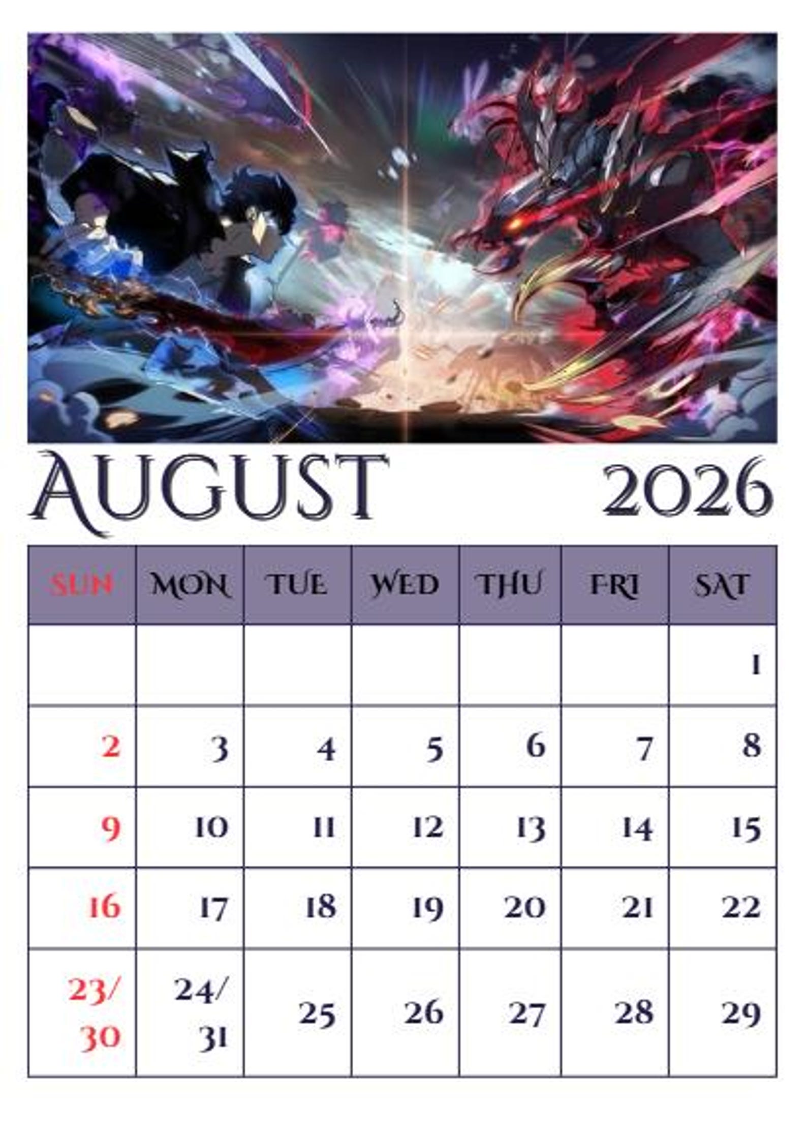 Anime-inspired 2026 Printable Calendar | Dark Fantasy Style | A4 ...