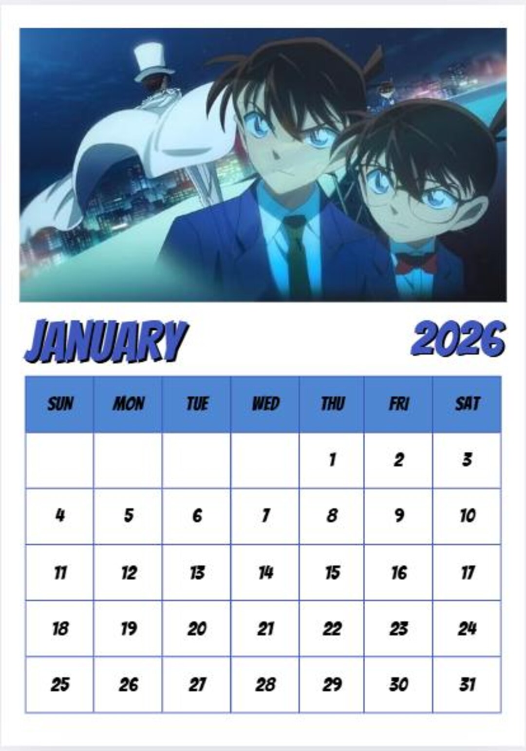2026 Detective Anime–inspired Calendar Printable | A4 Size | Instant ...