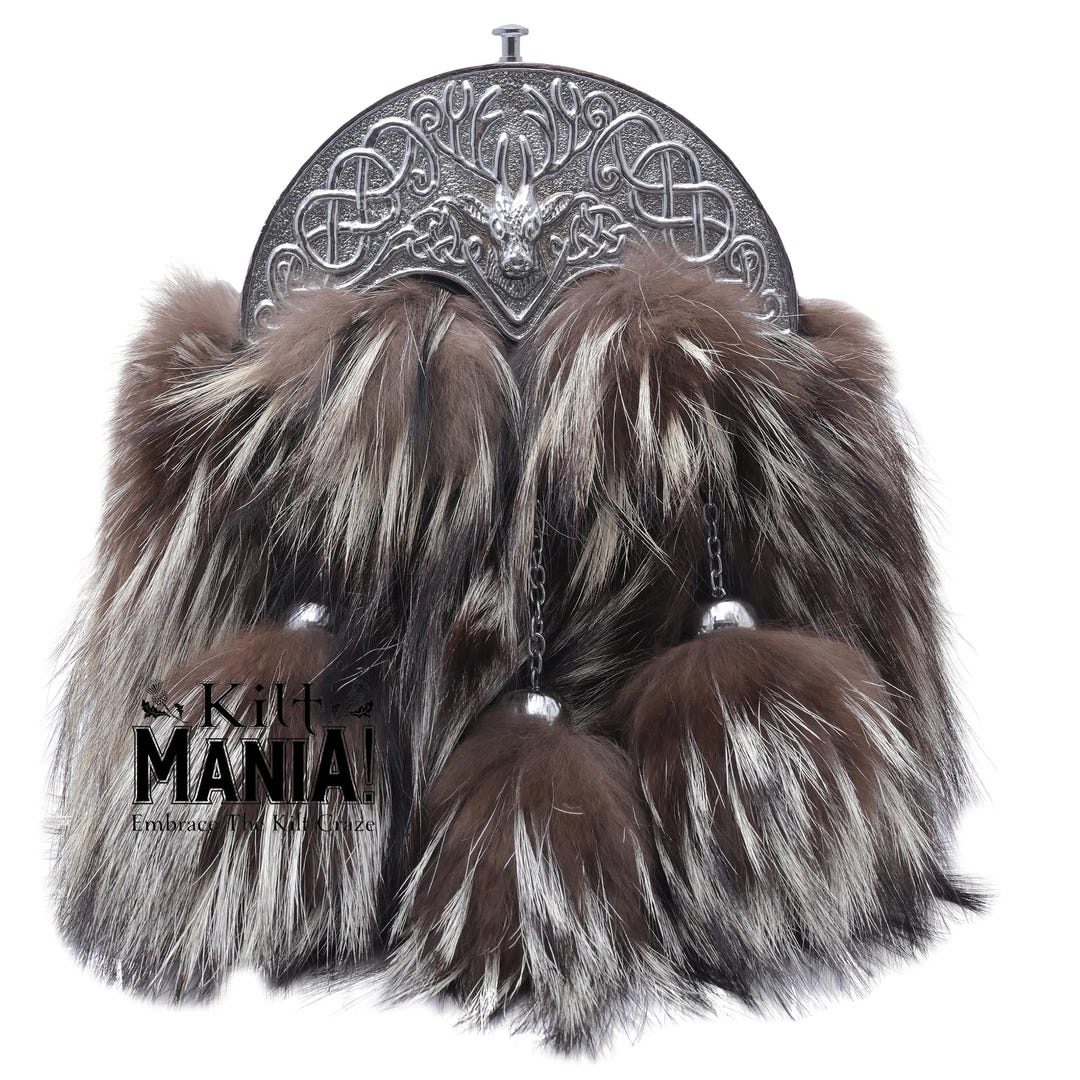 Scottish Kilt Sporran for Men - Luxury Silver Fur Stag Head Cantle ...