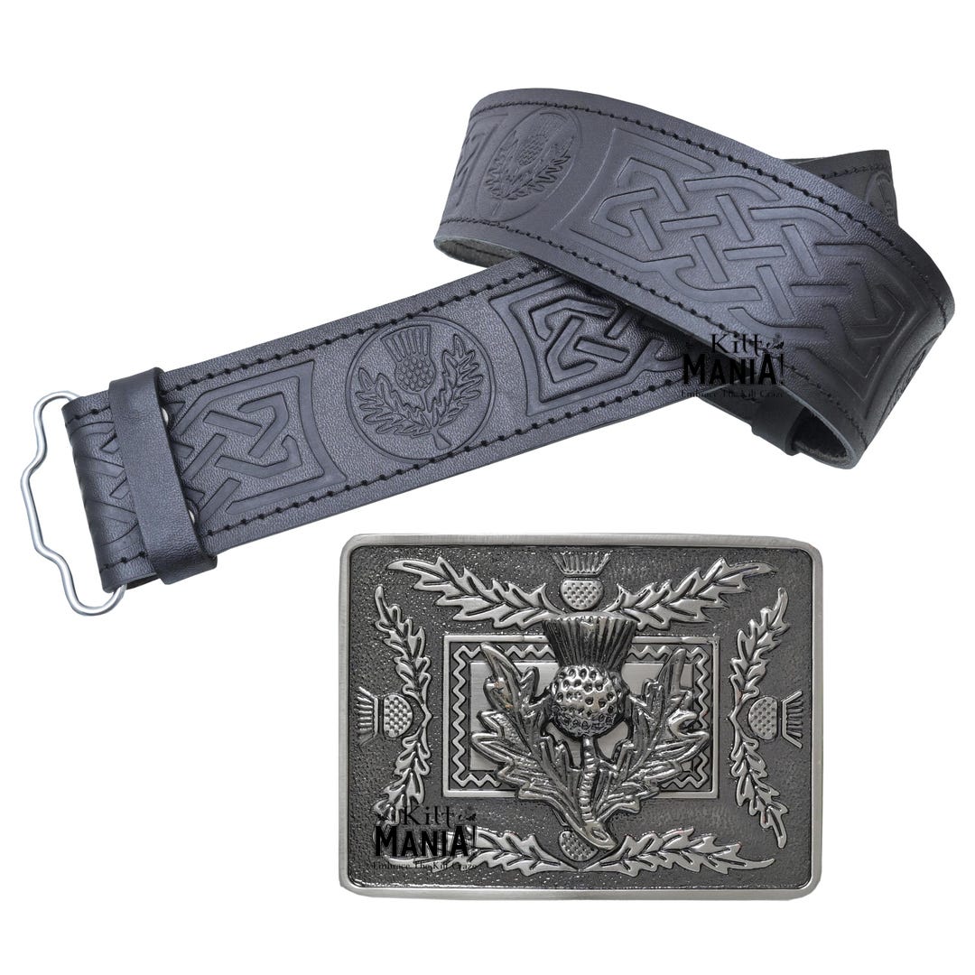 Scottish Thistle Leather Kilt Belt and Buckle Set, Silver Antique ...