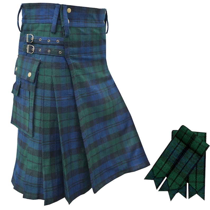 Premium Wool Scottish Tartan Utility Kilt Cargo Pockets Utility Kilts for Men 8 Yards 16oz ...