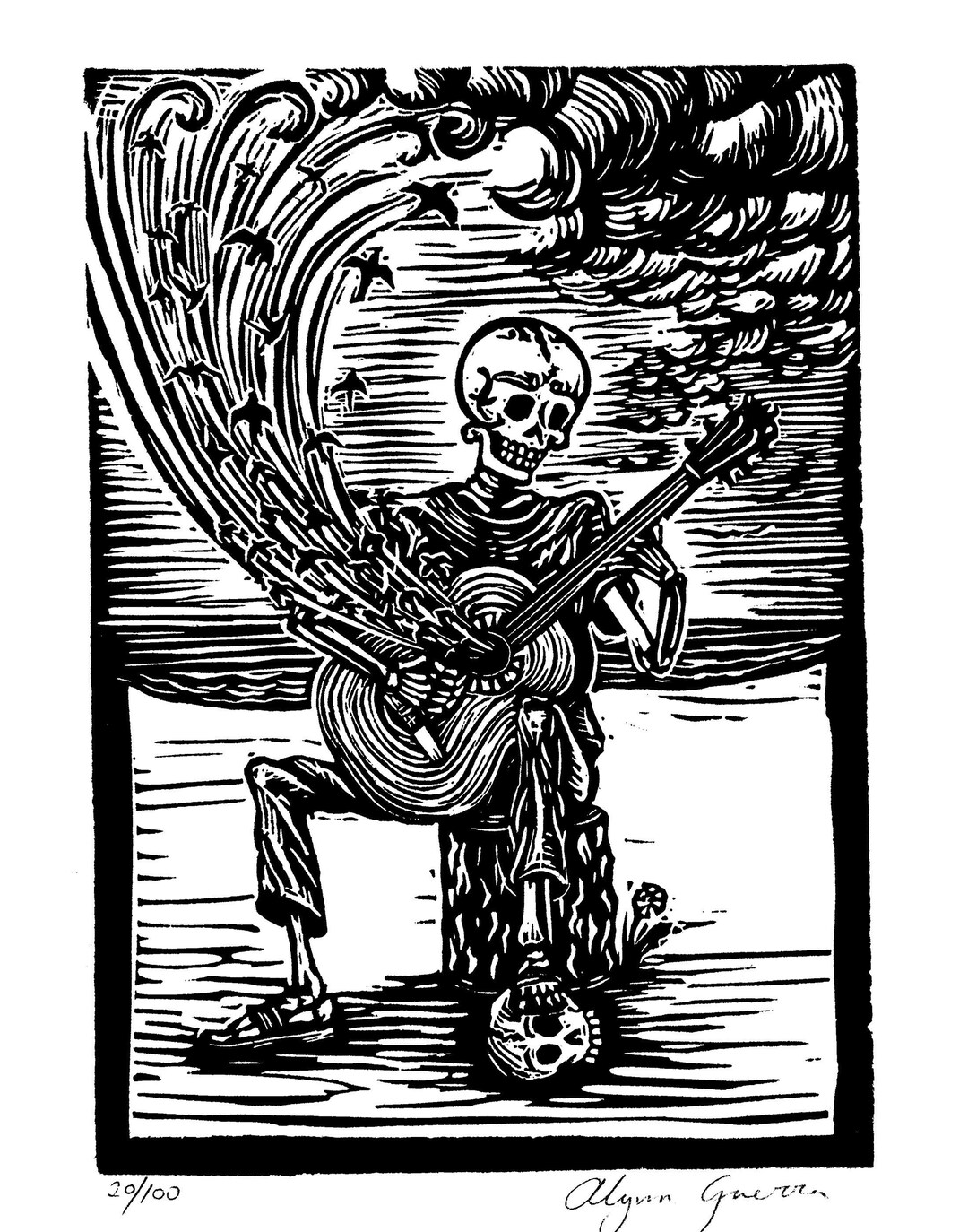 Musician Skeleton Linocut - Etsy