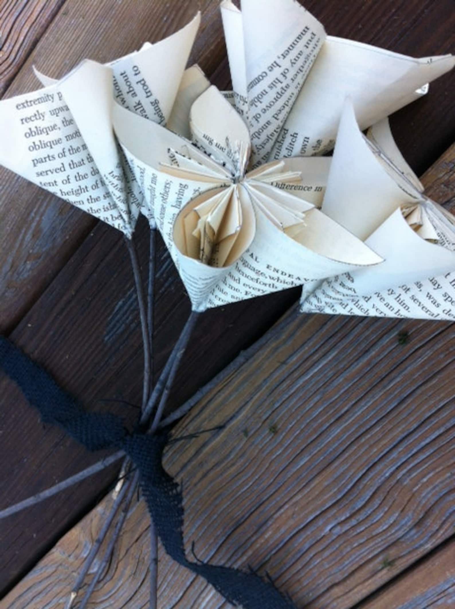 Flower Paper Origami- Handmade Antique White Book Pages With Black ...