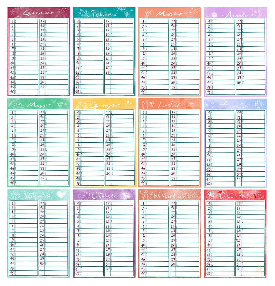 12 Month Calendar Illustrated by Cevì / Year 2025 / Printable on A3 or ...
