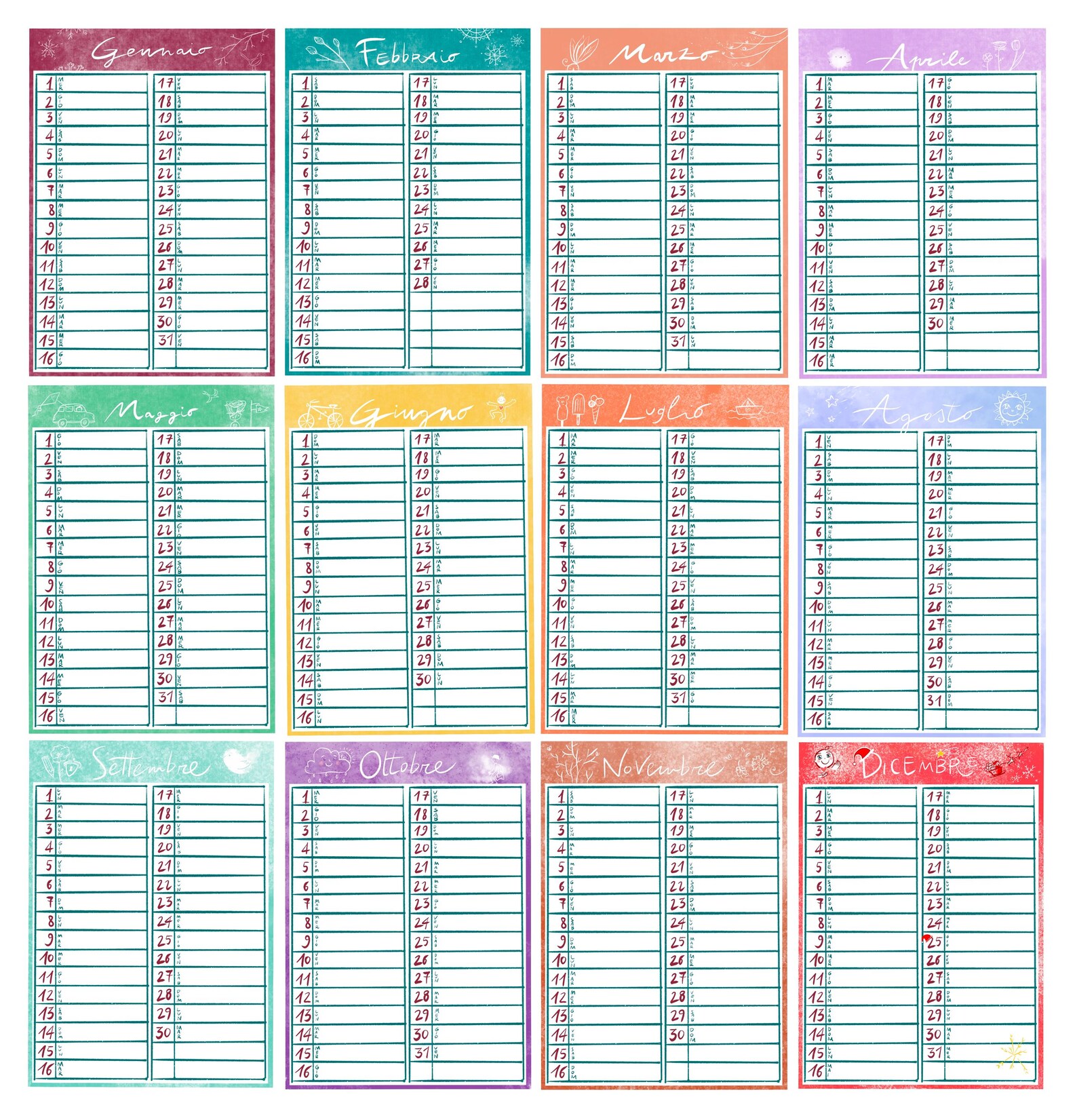 12 Month Calendar Illustrated by Cevì / Year 2025 / Printable on A3 or ...