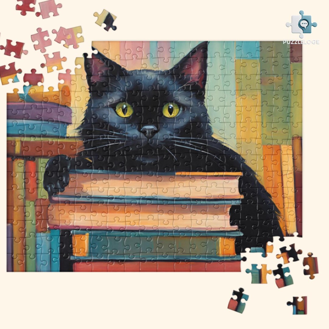 Puzzle - Black Cat Pastel Sitting on Pile of Books, Jigsaw (120, 252 ...
