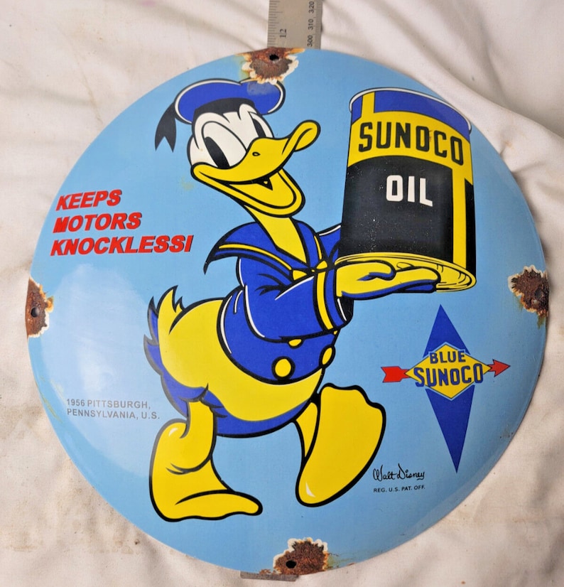Vintage DISNEY Sunoco DONALD DUCK Porcelain Sign Pump Plate Gas Station ...