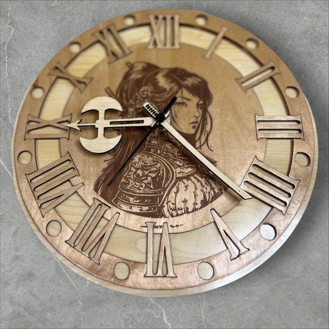 Wooden Wall Clock With Warrior Woman Figure - Roman Numerals - Silent ...
