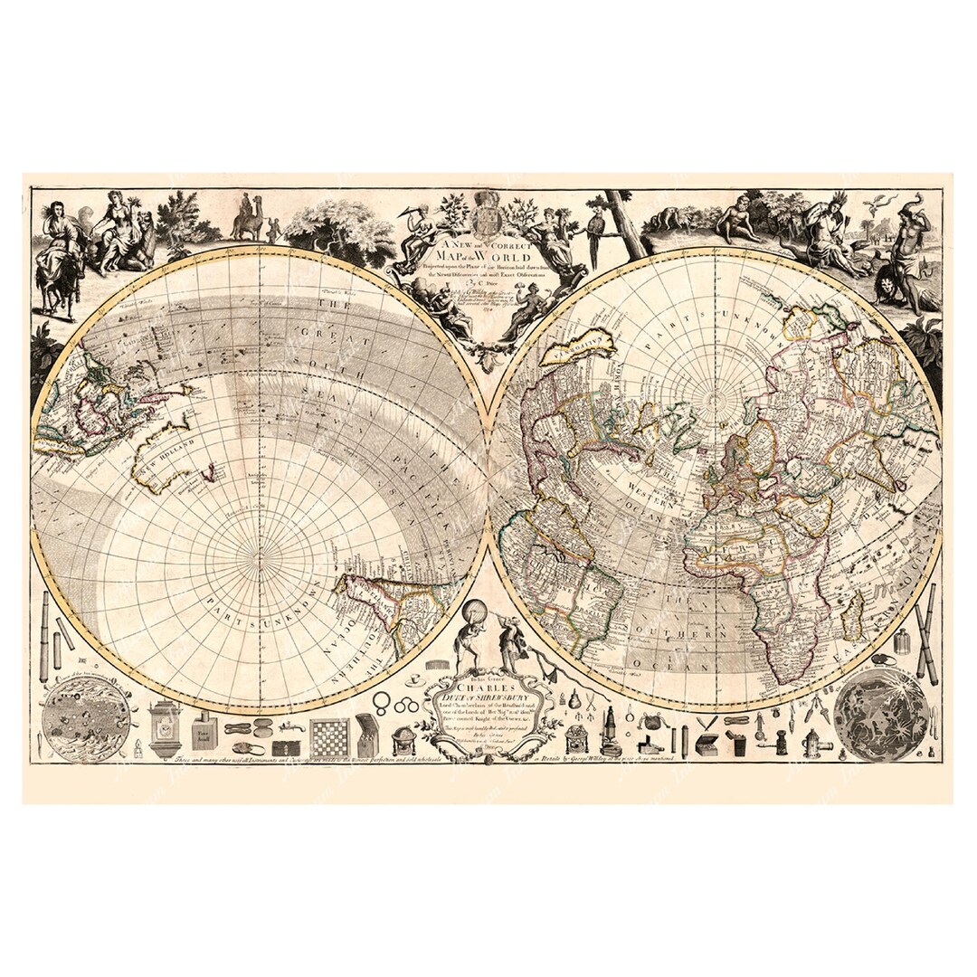 Map of the World 1714 by Charles Price Fully Restored - Etsy