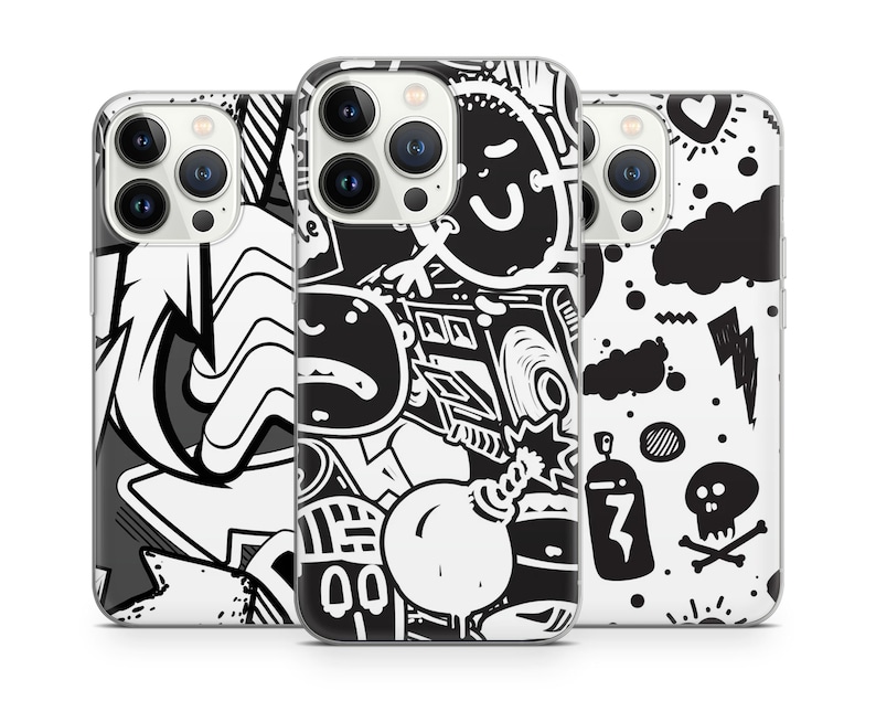 Black and White Graffiti Pattern Phone Case for iPhone 15 14 13 12 Pro ...