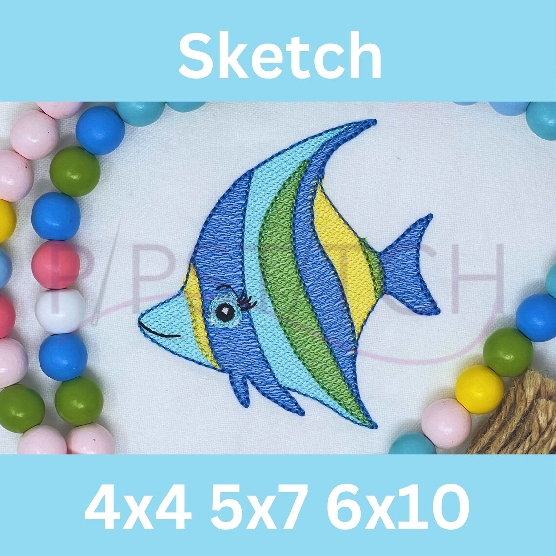 Striped Fish Sketch Sea Creature Vintage Style Machine Embroidery ...