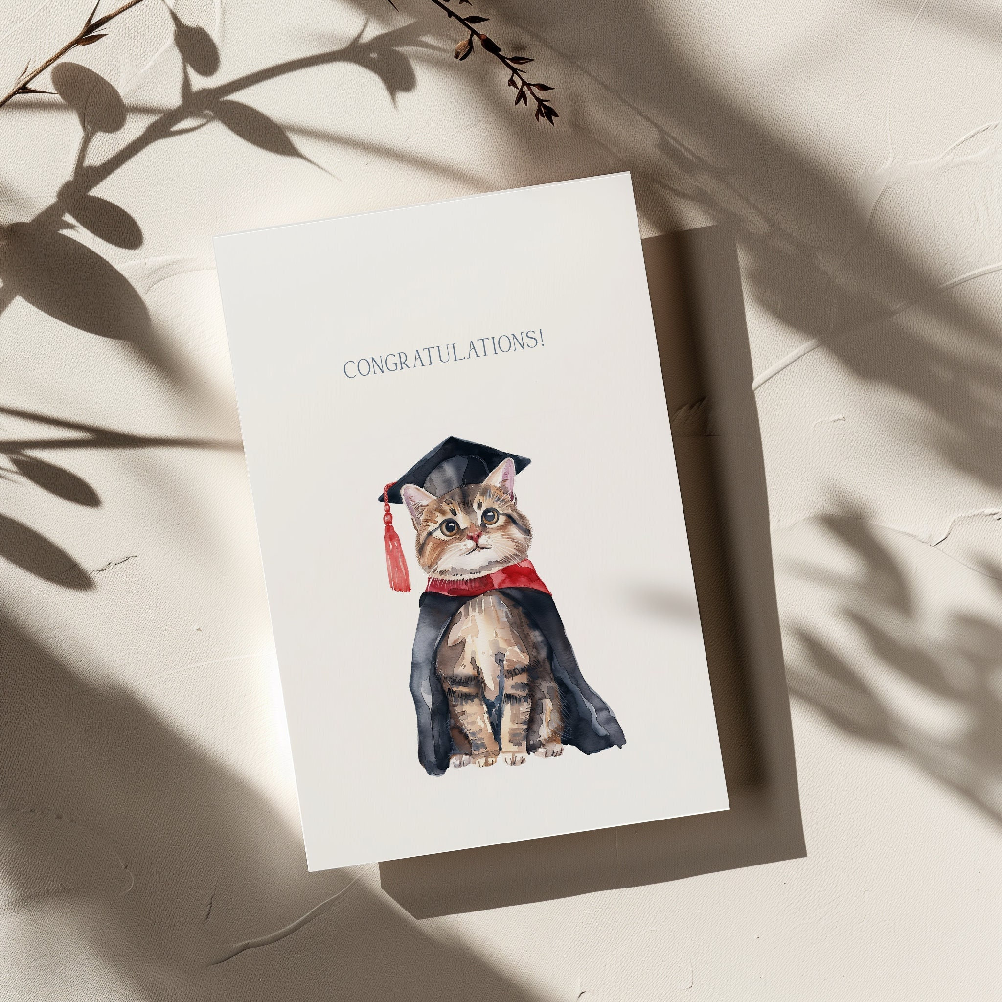Printable Graduation Card, Cute Cat Watercolor Card, Digital Download ...
