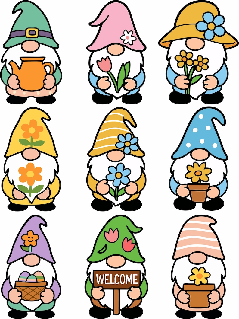 Spring Gnomes SVG Bundle | 9 Cute Spring Gnome Clipart Files | PNG, DXF ...