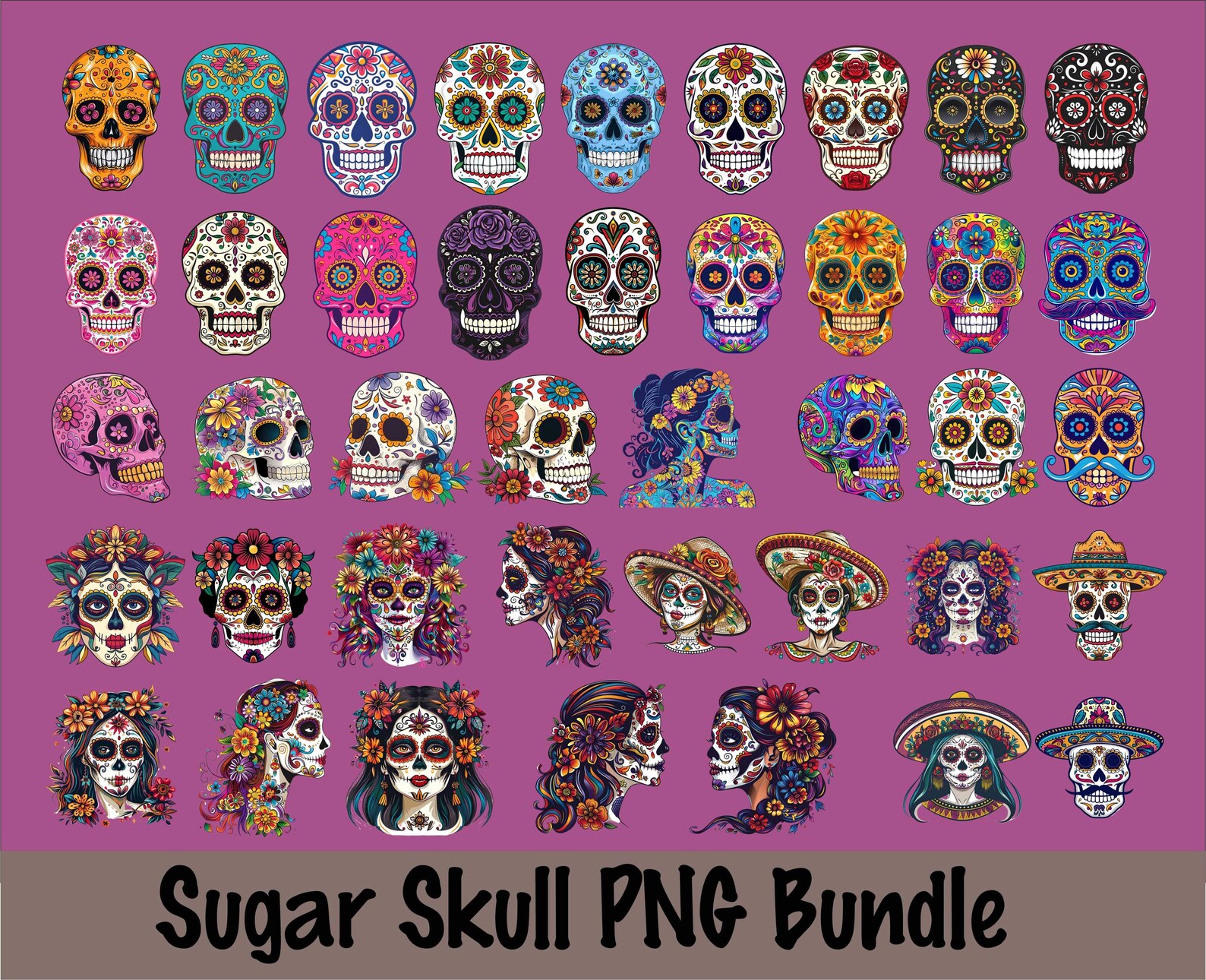 40 Designs Mexican Sugar Skull Clipart PNG Bundle - Dia De Los Muertos ...