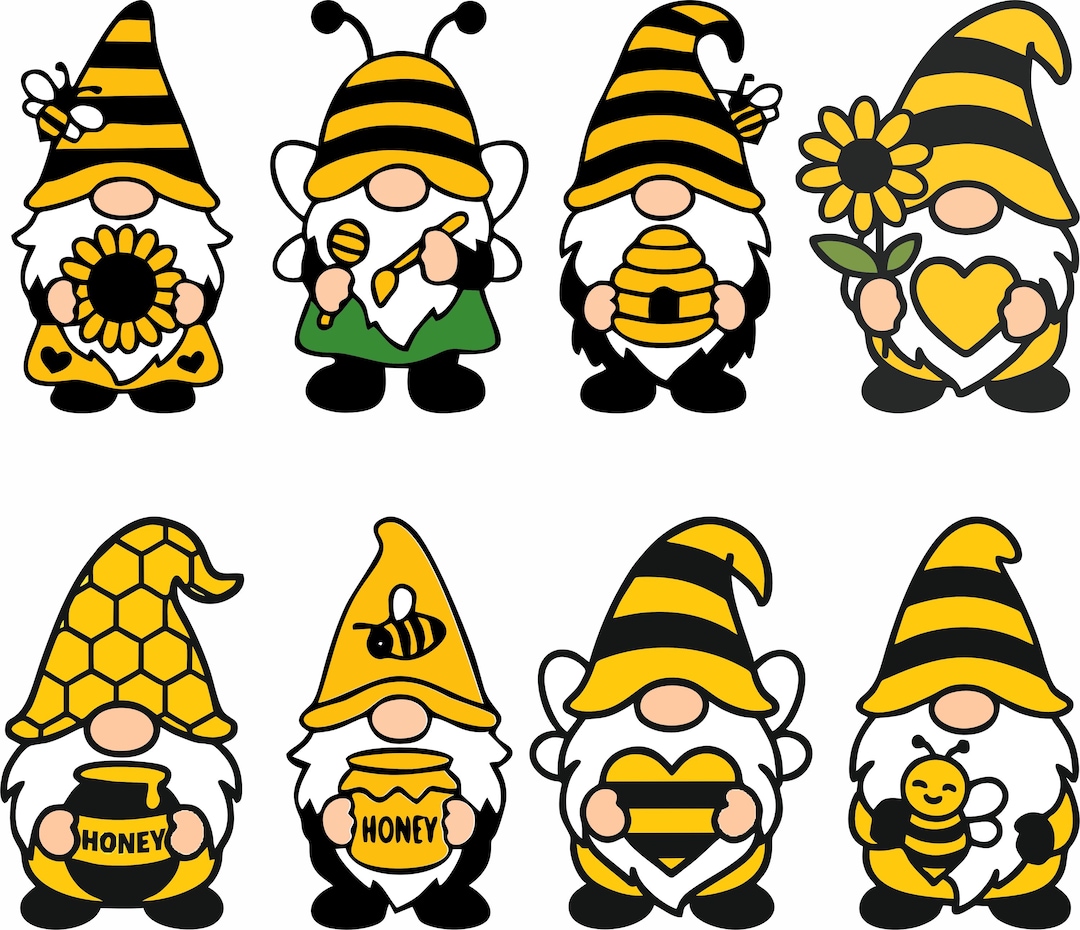 Honey Bee Gnome SVG Bundle | 8 Bee-themed Gnome Designs | PNG, DXF, Eps ...