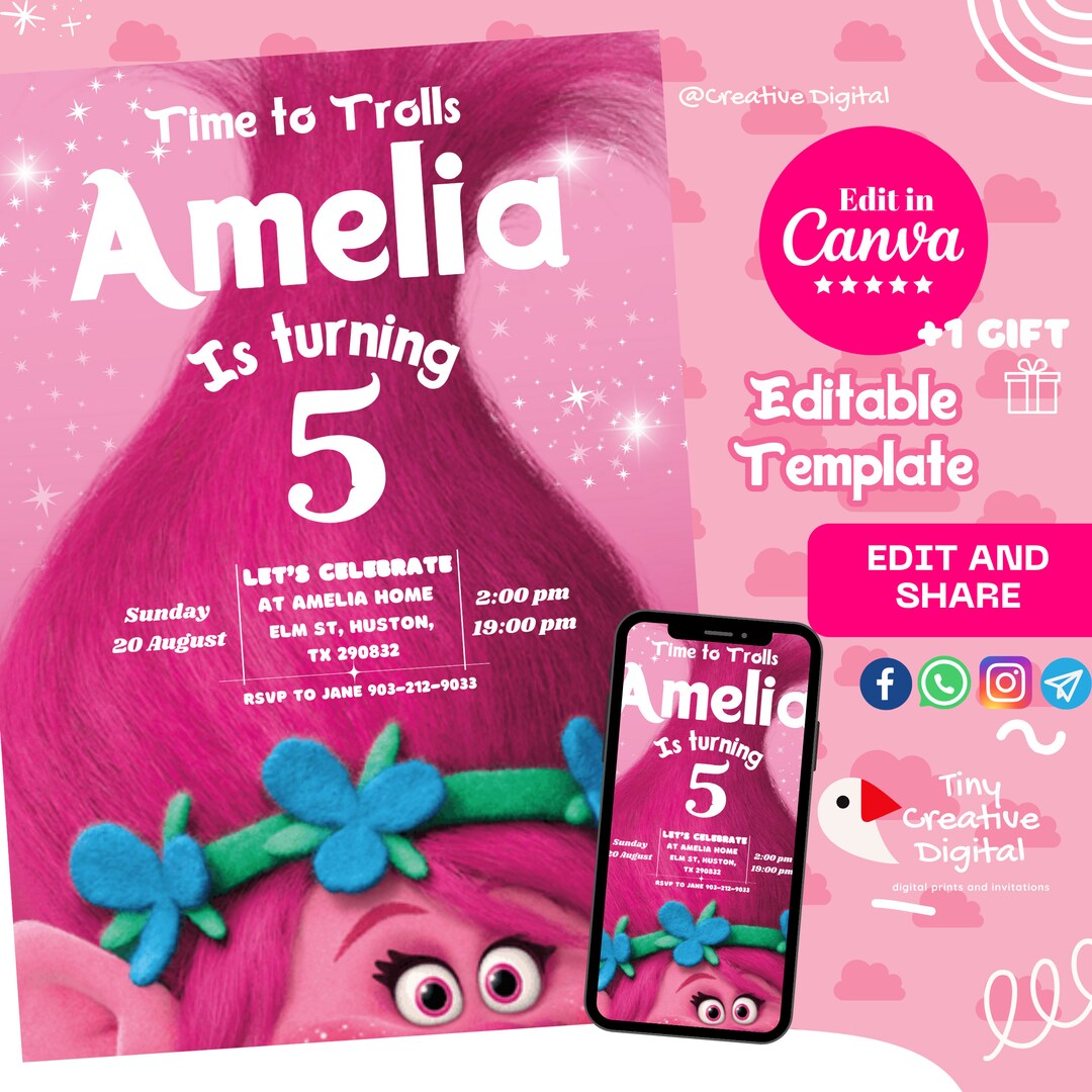 Trolls Invitation, Trolls Birthday Invite Printable, Trolls Craziest ...