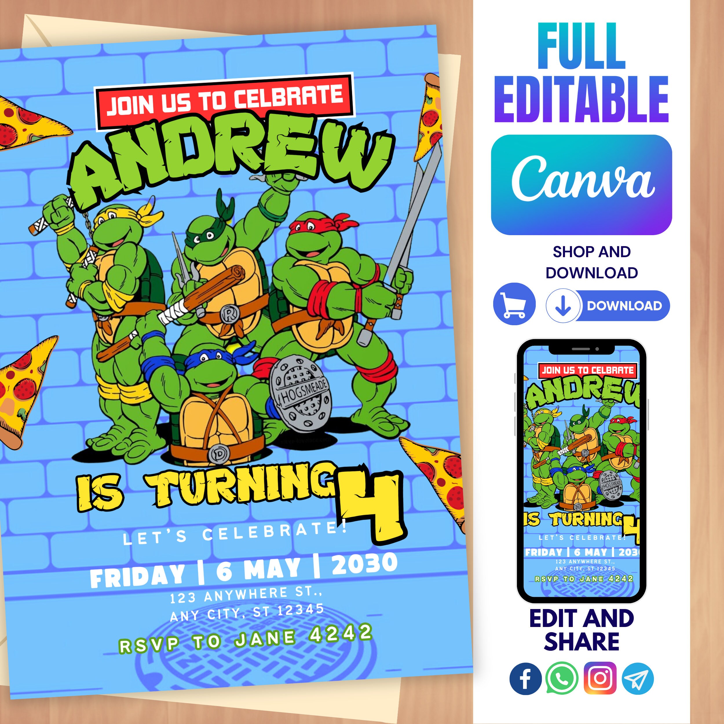 Ninja Turtle Invitation, Turtle Birthday Invitation, Turtle Birthday ...