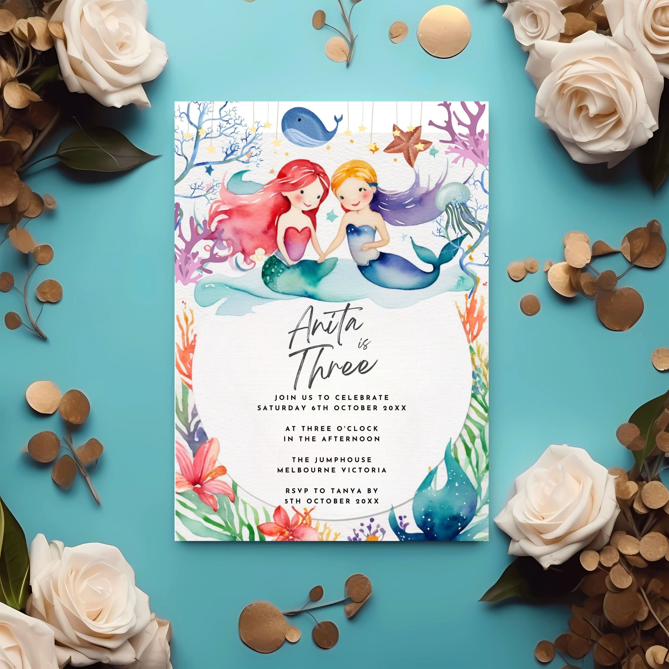 Editable Mermaid Theme Invitation, Canva Birthday Invite, Under the Sea ...