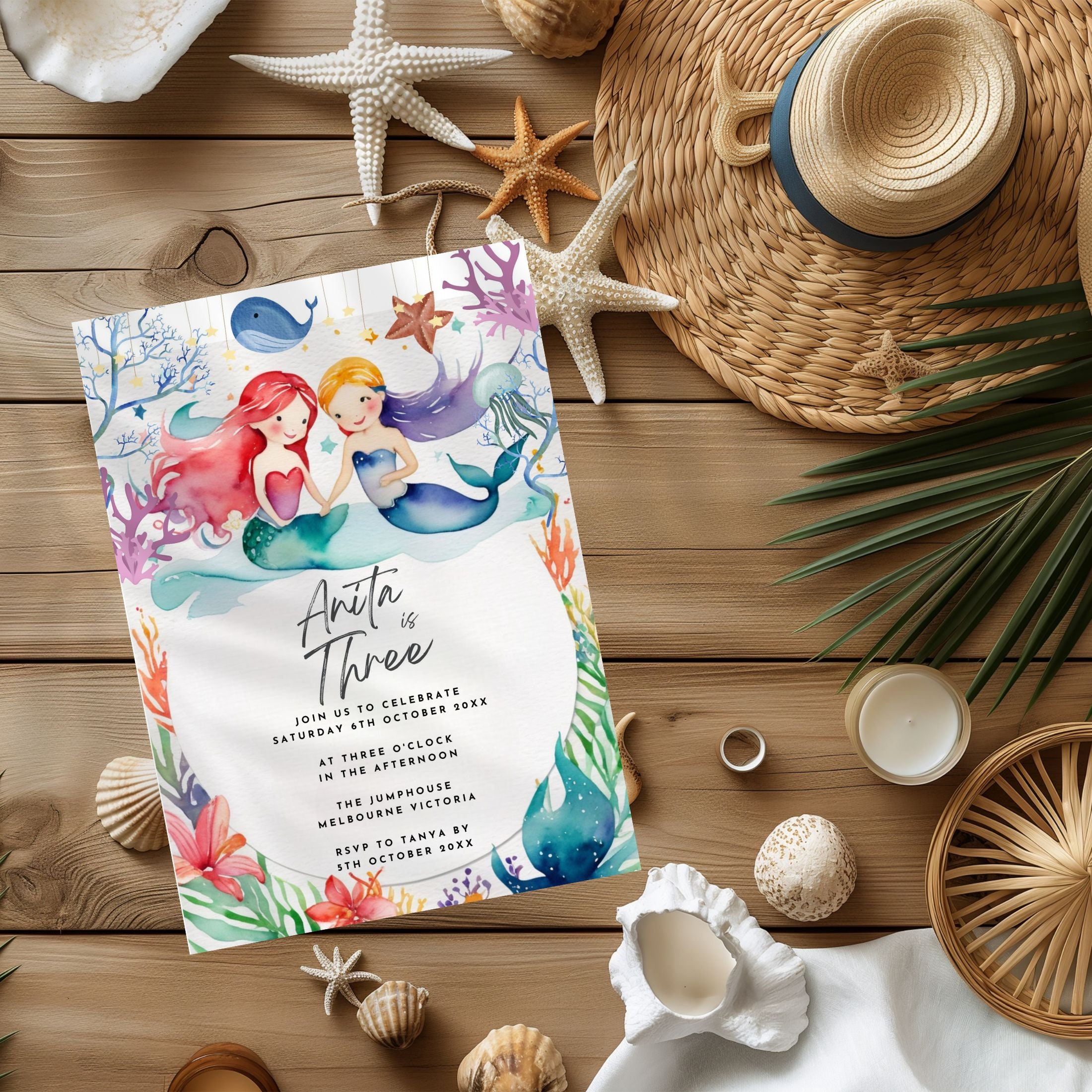 Editable Mermaid Theme Invitation, Canva Birthday Invite, Under the Sea ...