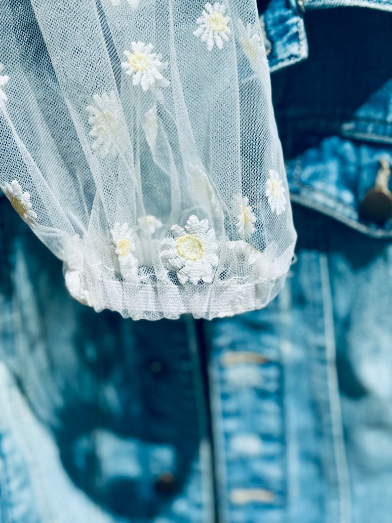 Denim Jacket With Daisy Lace Poof Arms - Etsy