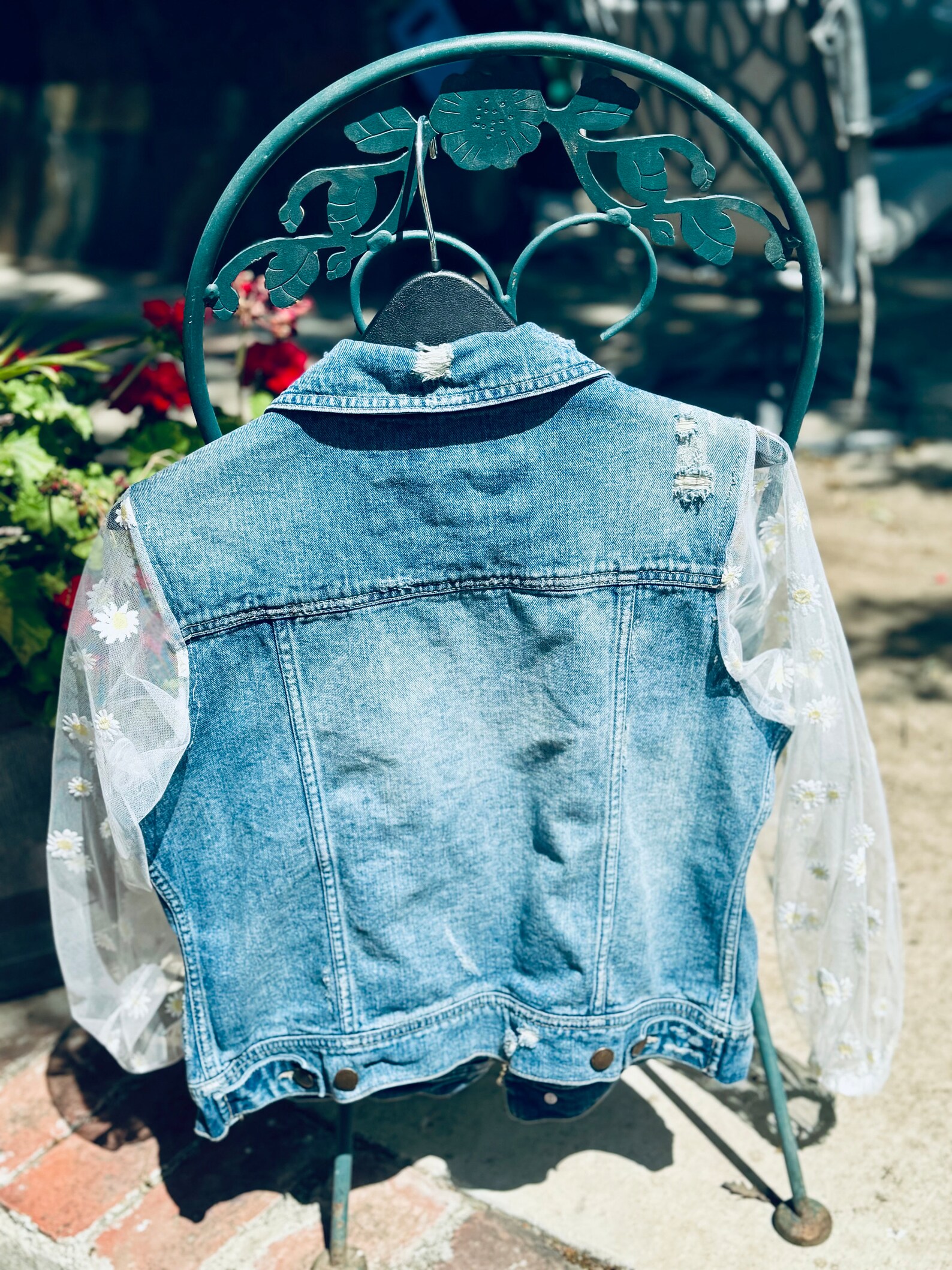 Denim Jacket With Daisy Lace Poof Arms - Etsy