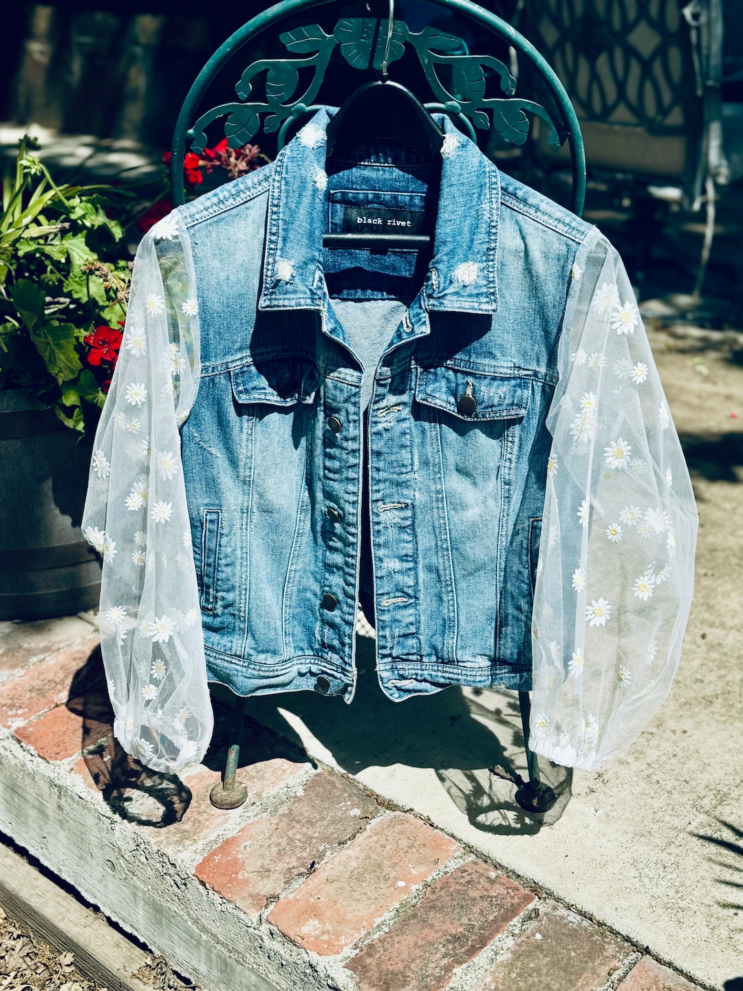 Denim Jacket With Daisy Lace Poof Arms - Etsy