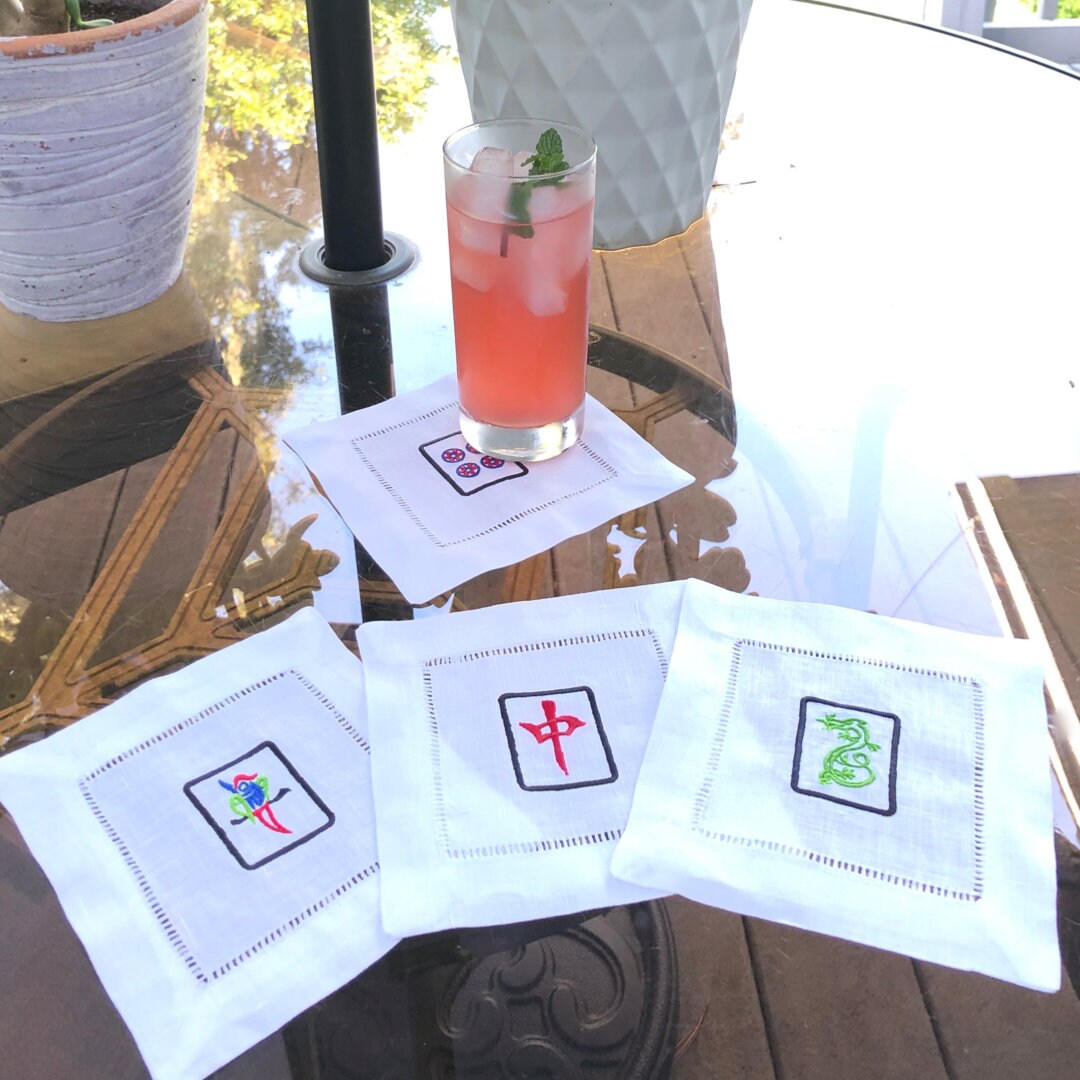 Mahjong Embroidered Linen Cocktail Napkins - Etsy