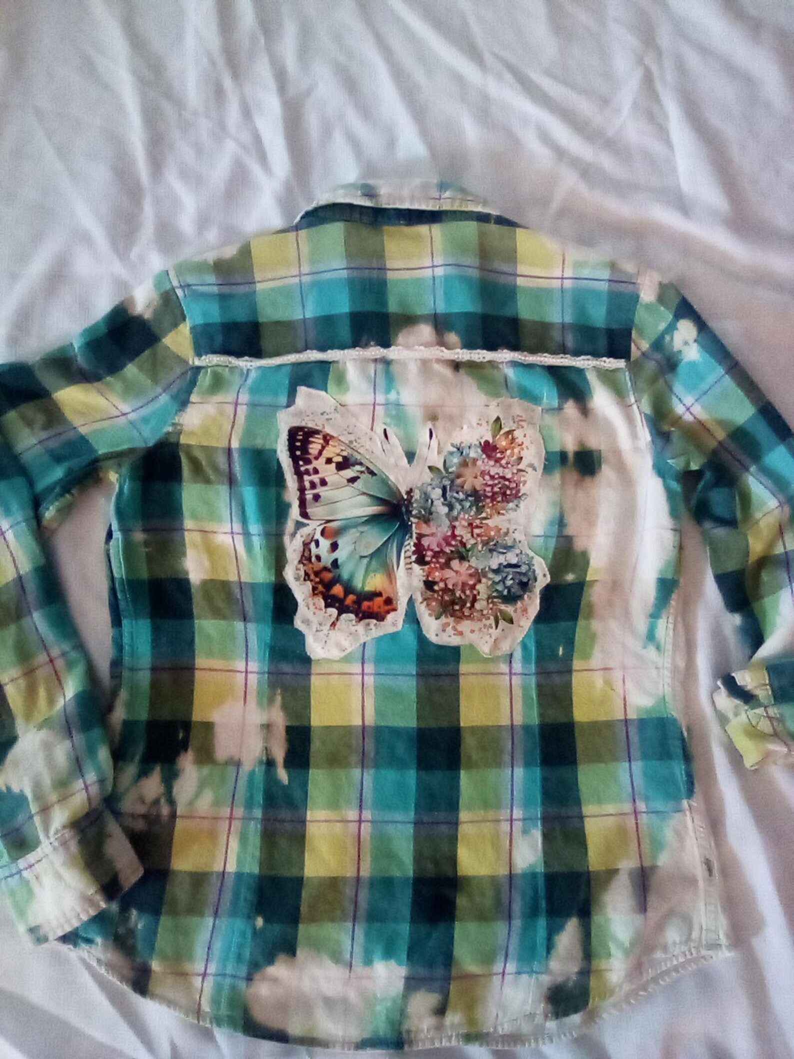 Repurposed Flannel Butterfly Lace and Pearls Shirt, Bleached Cozy ...